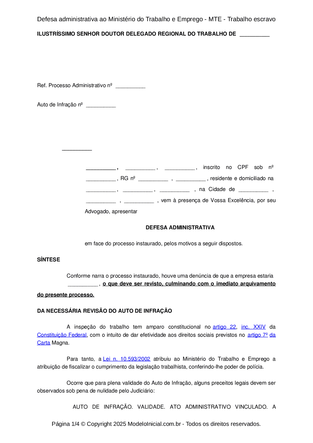 Modelo Defesa administrativa ao Ministério do Trabalho e Emprego - MTE ...
