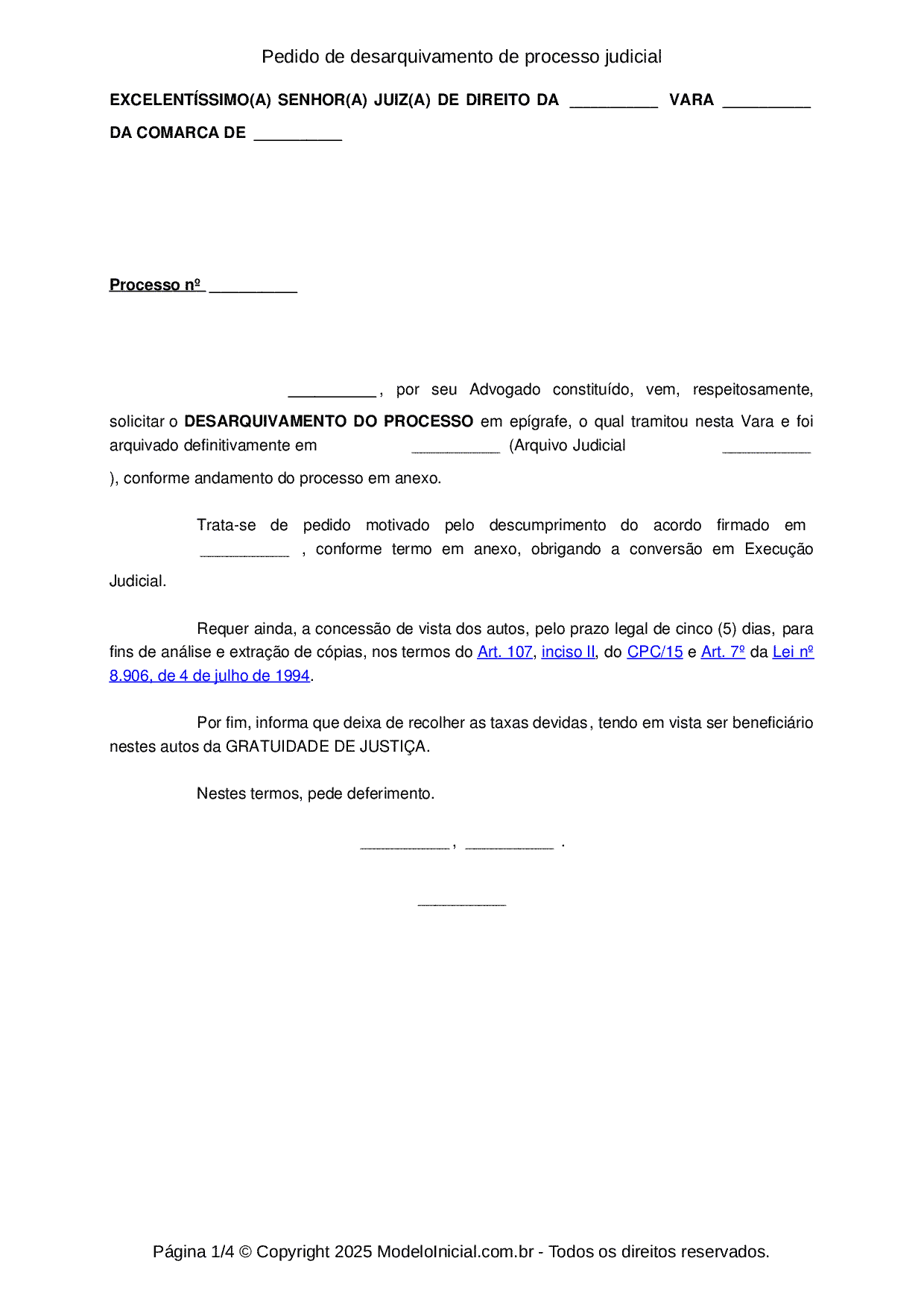 Modelo Pedido de desarquivamento de processo judicial
