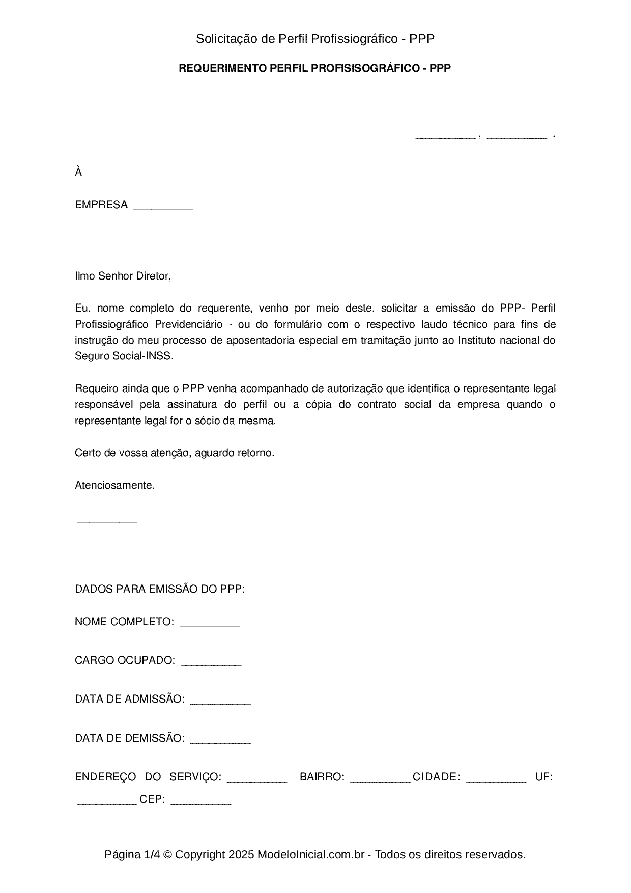 Modelo Solicitação de Perfil Profissiográfico - PPP